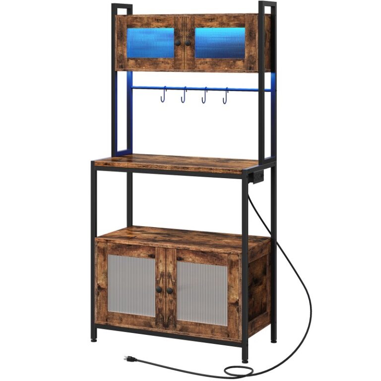 Rustic Brown and Black Bakers Rack with Storage Cabinet, 5-Tier Coffee ...